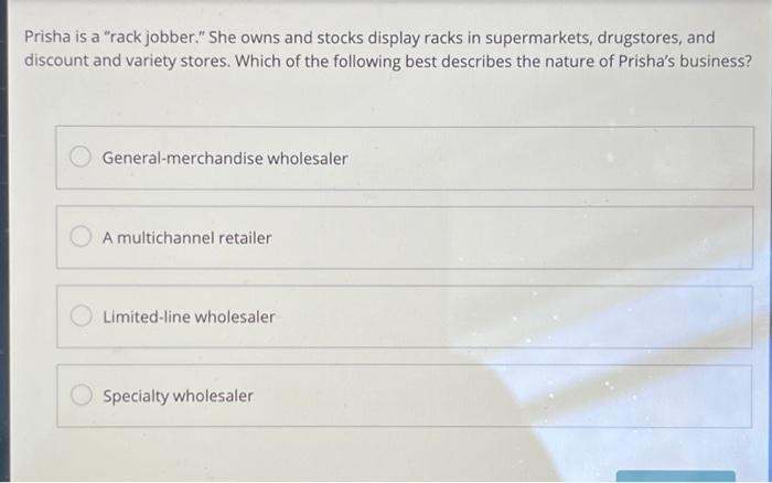 Solved Prisha is a "rack jobber." She owns and stocks | Chegg.com
