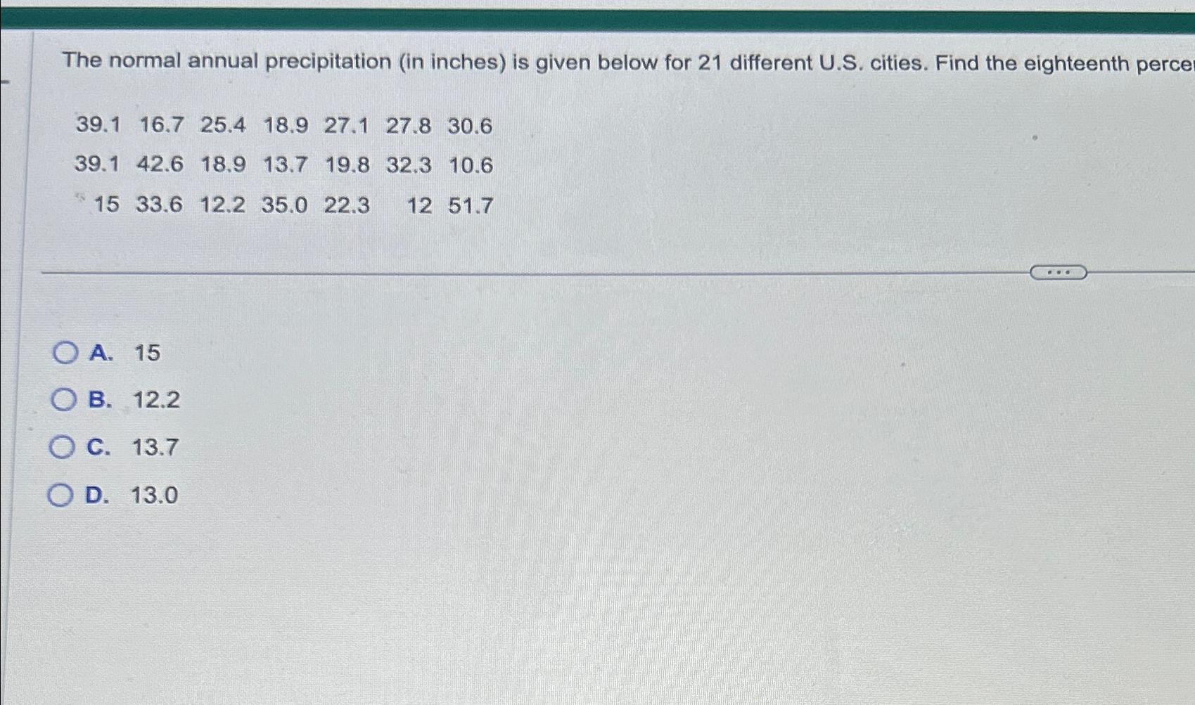 Solved The normal annual precipitation (in inches) ﻿is given | Chegg.com