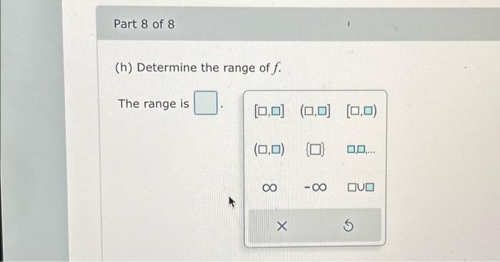 Solved Part 8 of 8 (h) Determine the range of f. The range | Chegg.com