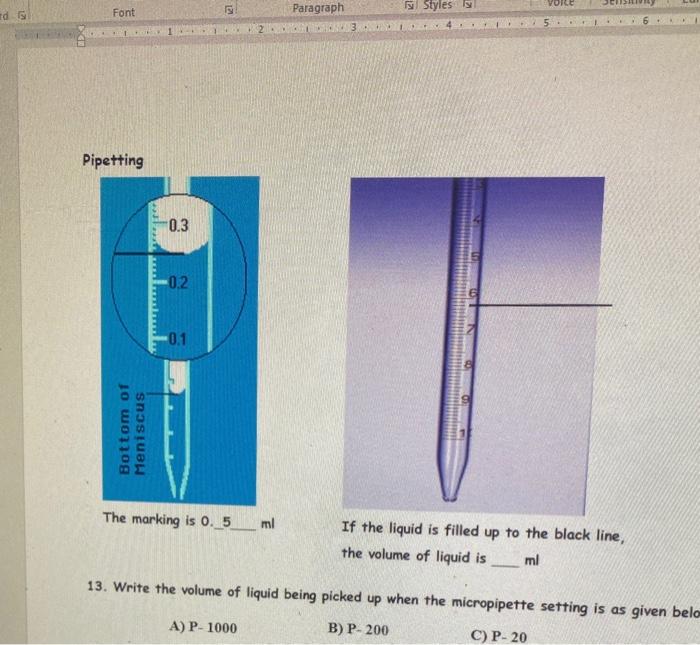 Solved Pipetting If the liquid is filled up to the black | Chegg.com