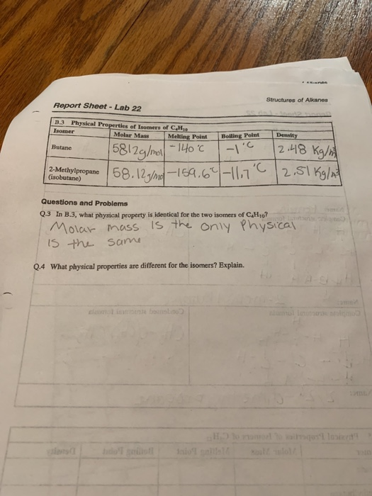 Solved Structures of Alkanes Report Sheet - Lab 22 33 | Chegg.com