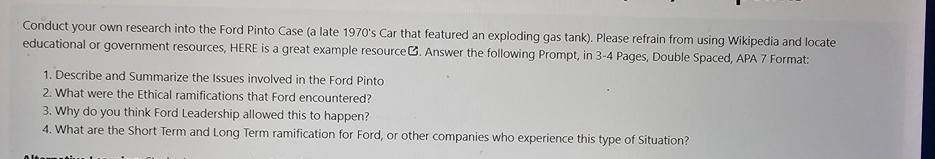 Solved Conduct your own research into the Ford Pinto Case (a | Chegg.com