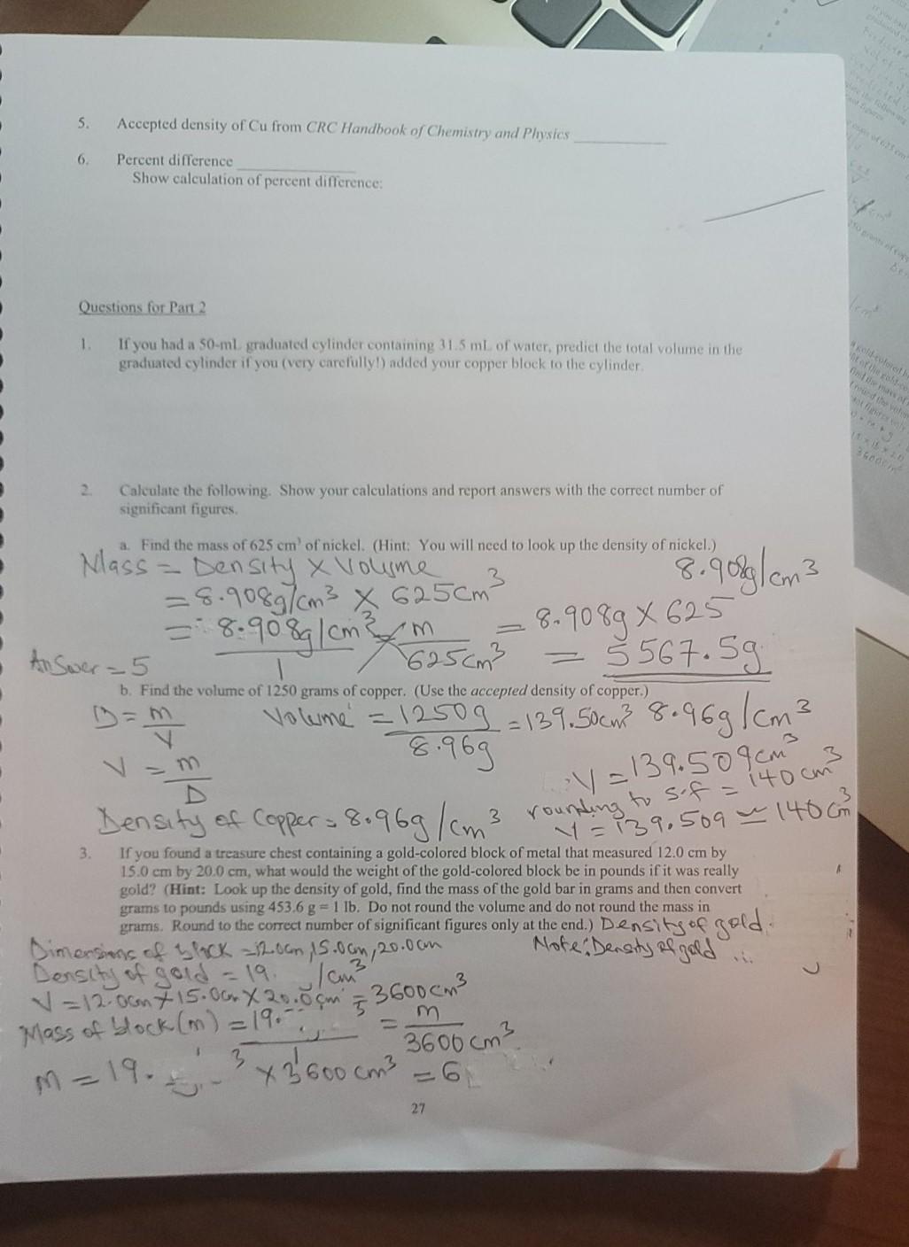 Solved tet 5. Accepted density of Cu from CRC Handbook of | Chegg.com