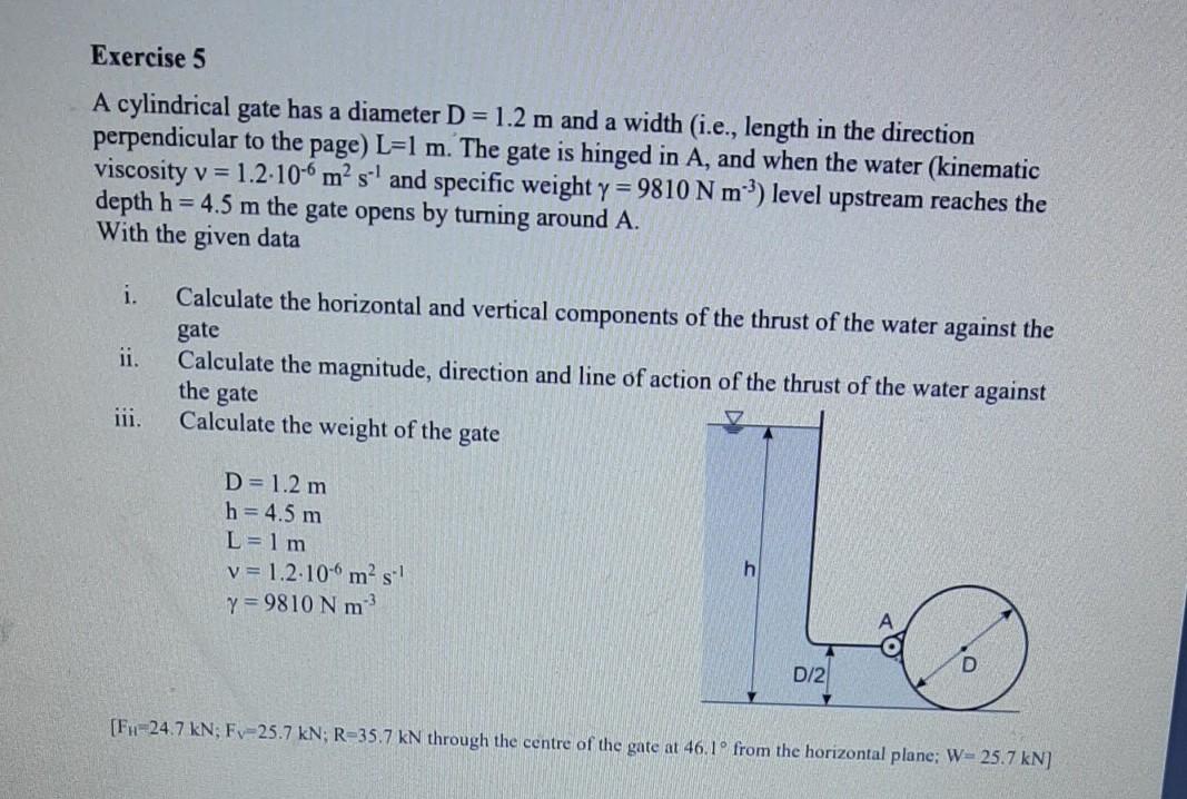 Solved Exercise 5 A cylindrical gate has a diameter D = 1.2 | Chegg.com