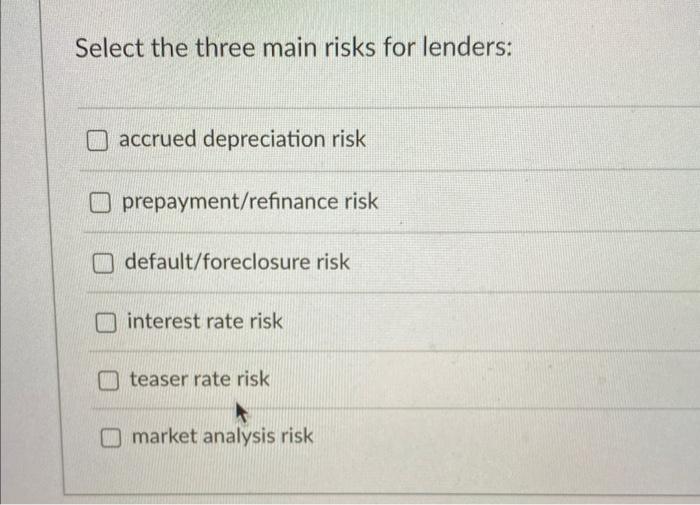 Solved Select the three main risks for lenders: accrued | Chegg.com