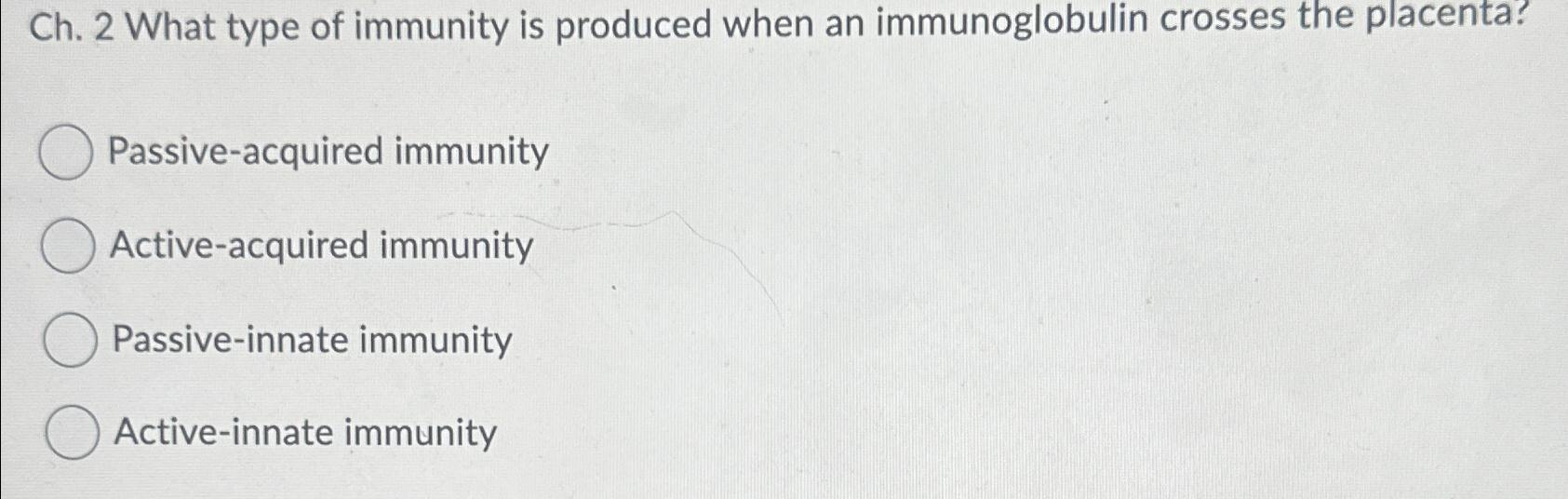 Solved Ch. 2 ﻿What type of immunity is produced when an | Chegg.com