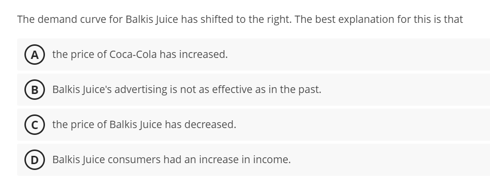 Solved The demand curve for Balkis Juice has shifted to the | Chegg.com