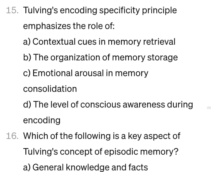 Solved Tulving's encoding specificity principle emphasizes | Chegg.com Solved Tulving's encoding specificity principle emphasizes | Chegg.com