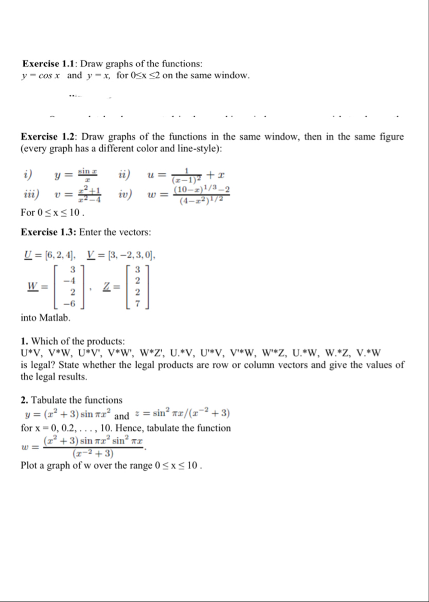 Using MATLAB All ExerciseExercise 1.1: Draw graphs of | Chegg.com