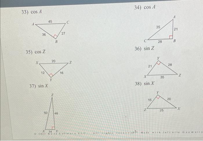 Solved 34) cos A 33) cos A 45 c A 35 21 36 27 B 28 B 36) sin | Chegg.com