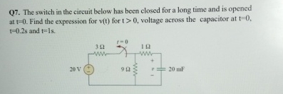 Solved Q7. ﻿The switch in the circuit below has been closed | Chegg.com
