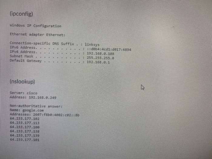 Cipconfig) Windows IP Configuration Ethernet adapter | Chegg.com