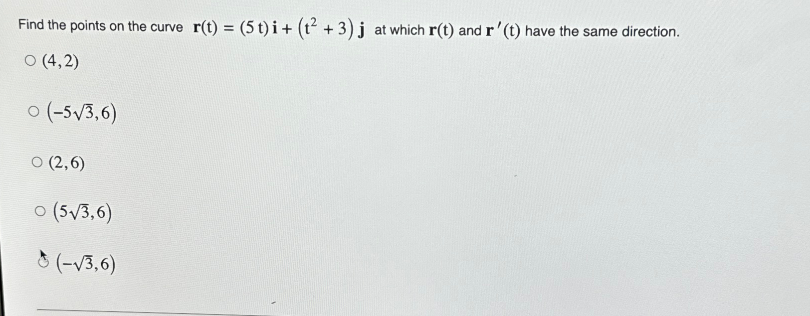 Solved Find the points on the curve r(t)=(5t)i+(t2+3)j ﻿at | Chegg.com