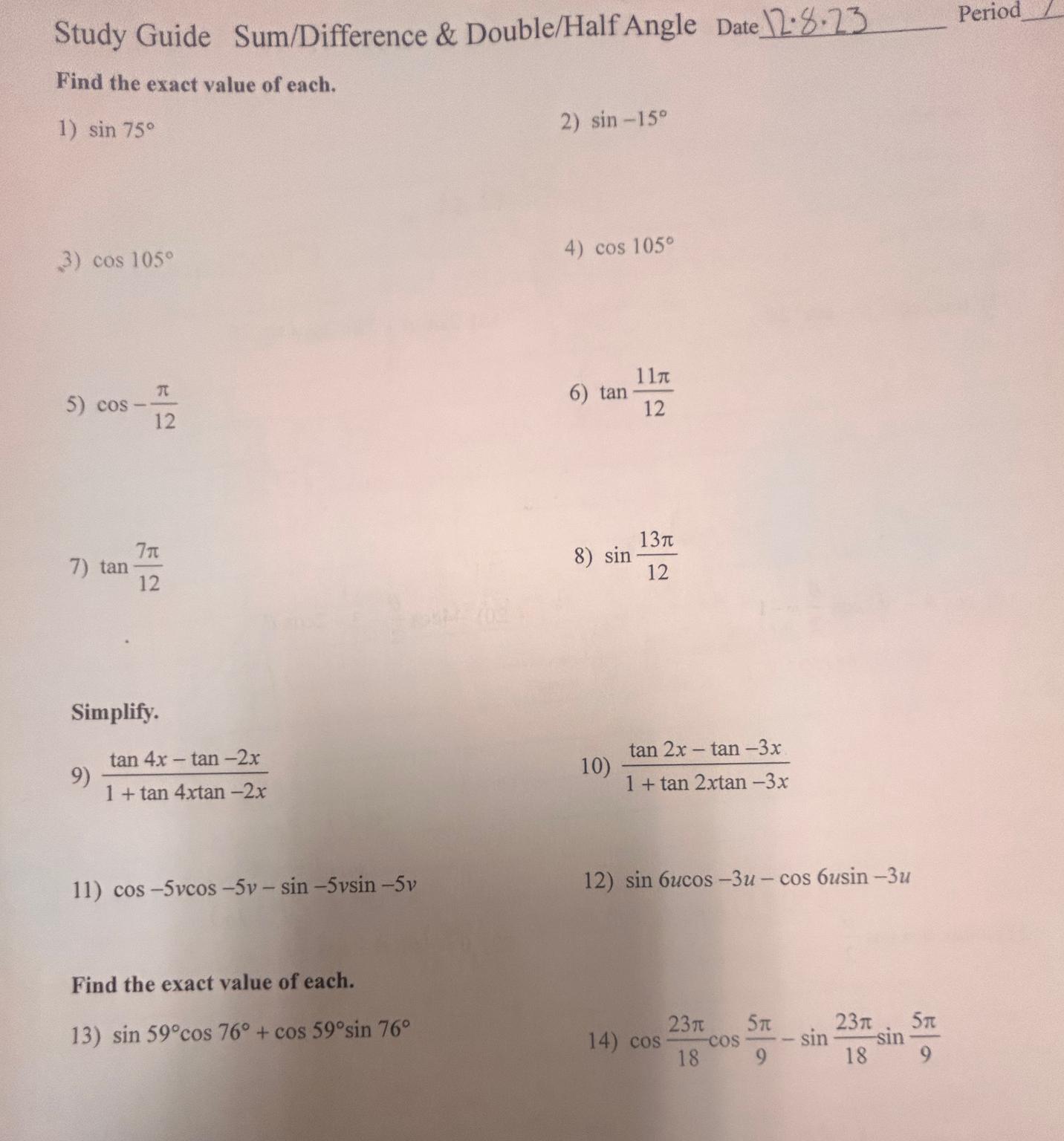 Solved Study Guide Sum/Difference & Double/Half Angle Date | Chegg.com