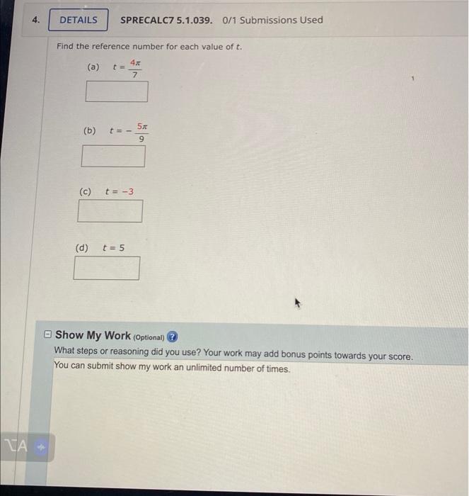 Solved Find the reference number for each value of t. (a) | Chegg.com