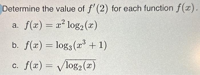 Solved Determine the value of f′(2) for each function f(x). | Chegg.com