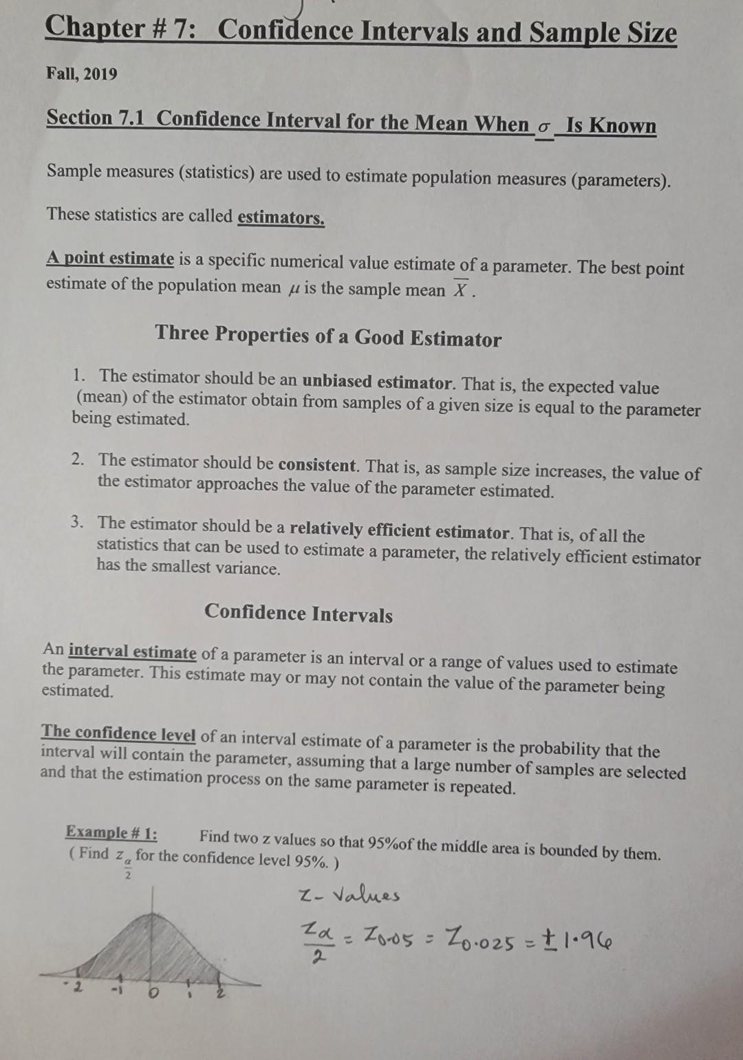 Solved Fall, 2019 Section 7.1 Confidence Interval for the | Chegg.com