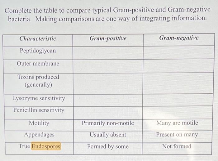 Solved Complete the table to compare typical Gram-positive | Chegg.com
