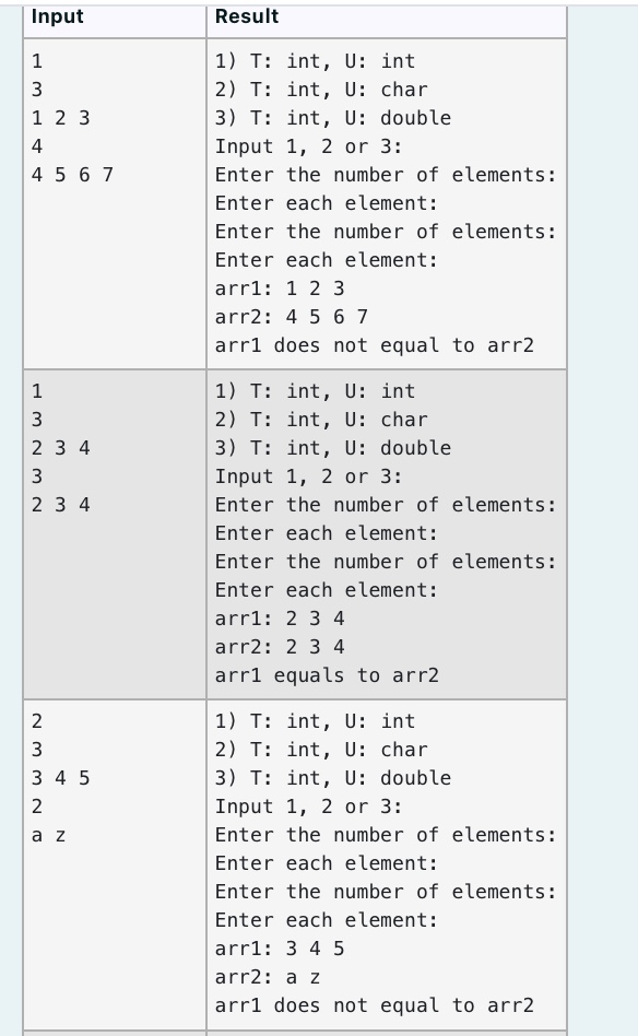 Input Result131 2 344 5 6 71) ﻿T: int, U: int2) ﻿T: | Chegg.com
