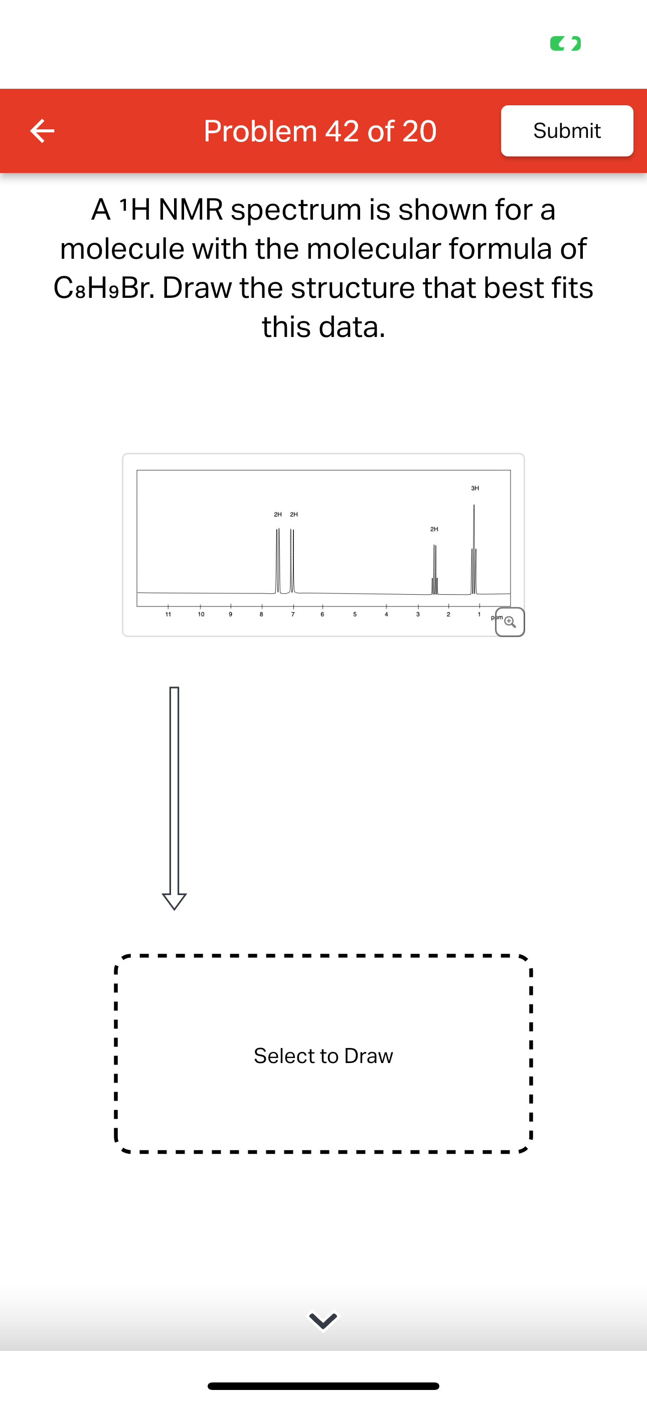 Solved ( )Problem 42 ﻿of 20A ?1H ﻿NMR spectrum is shown for | Chegg.com