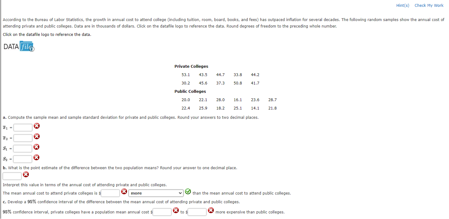 Solved attending private and public colleges. Data are in | Chegg.com