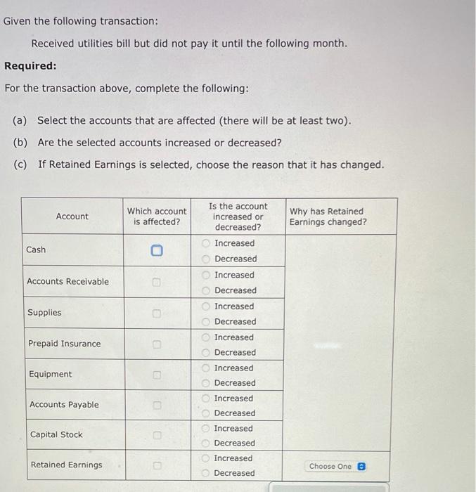 Solved Given the following transaction: Received utilities | Chegg.com