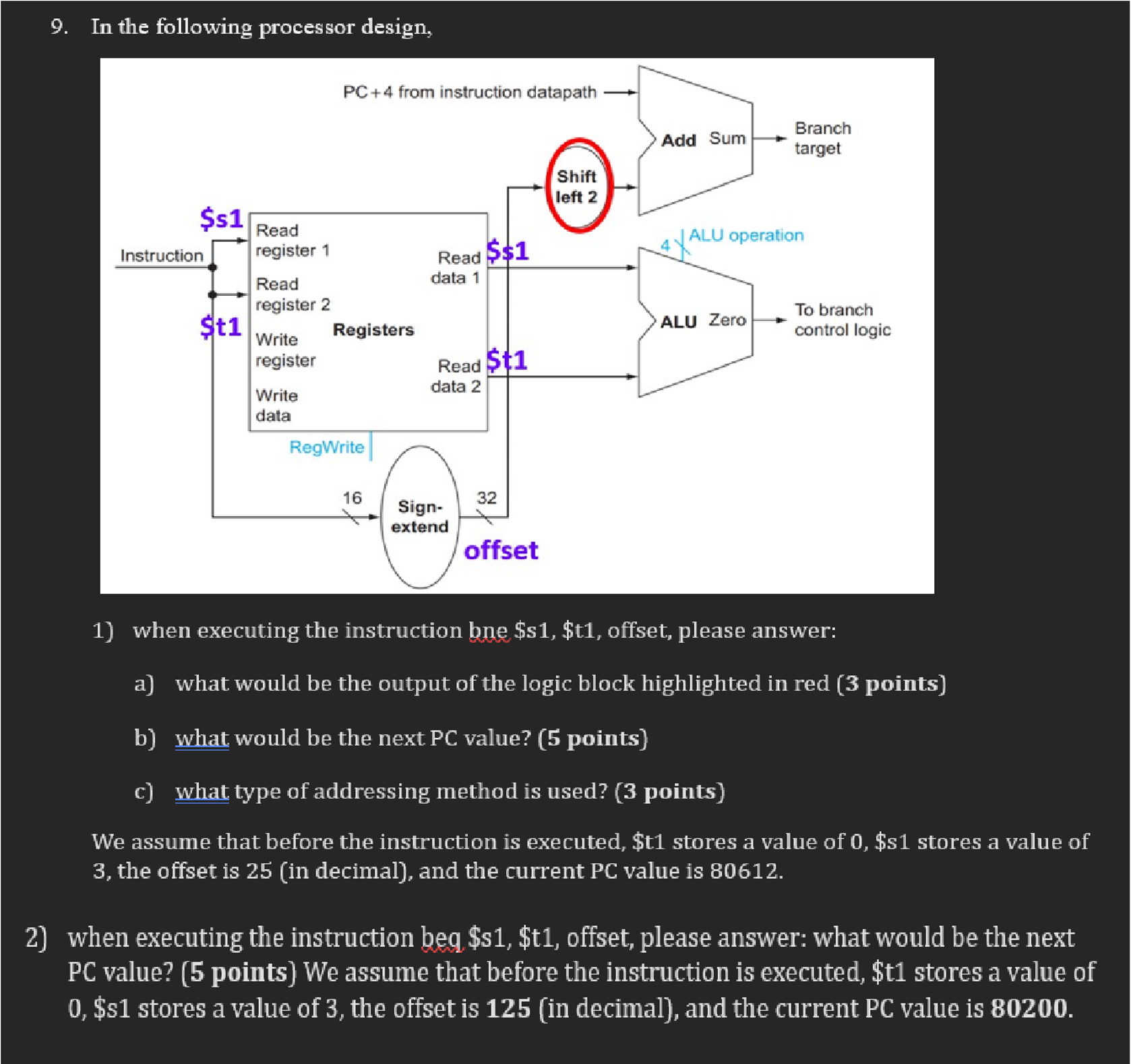 Solved 1) ﻿when executing the instruction bne $s1, ﻿$t1, | Chegg.com