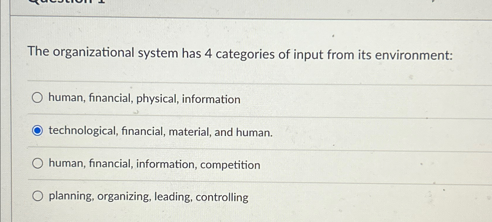 Solved The organizational system has 4 ﻿categories of input | Chegg.com