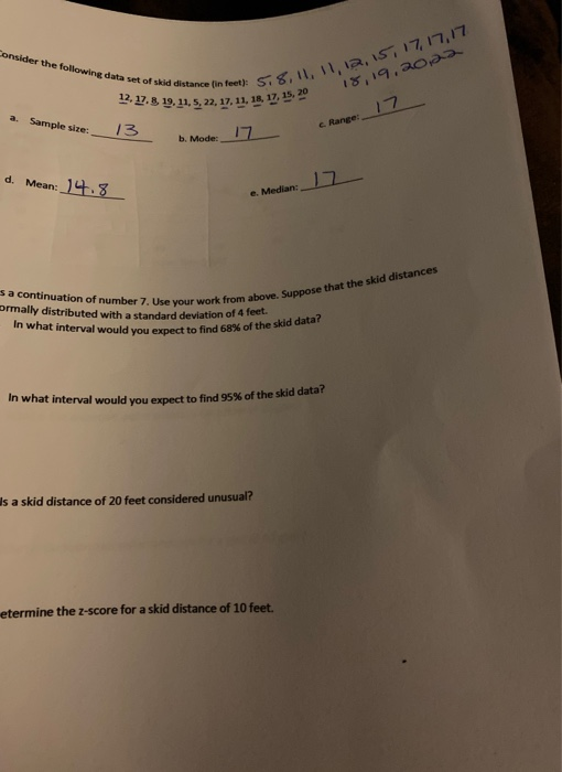 Solved Consider the following data set of skid distance in | Chegg.com