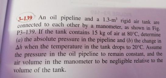 Solved 3-139 An oil pipeline and a 1.3-m rigid air tank are | Chegg.com