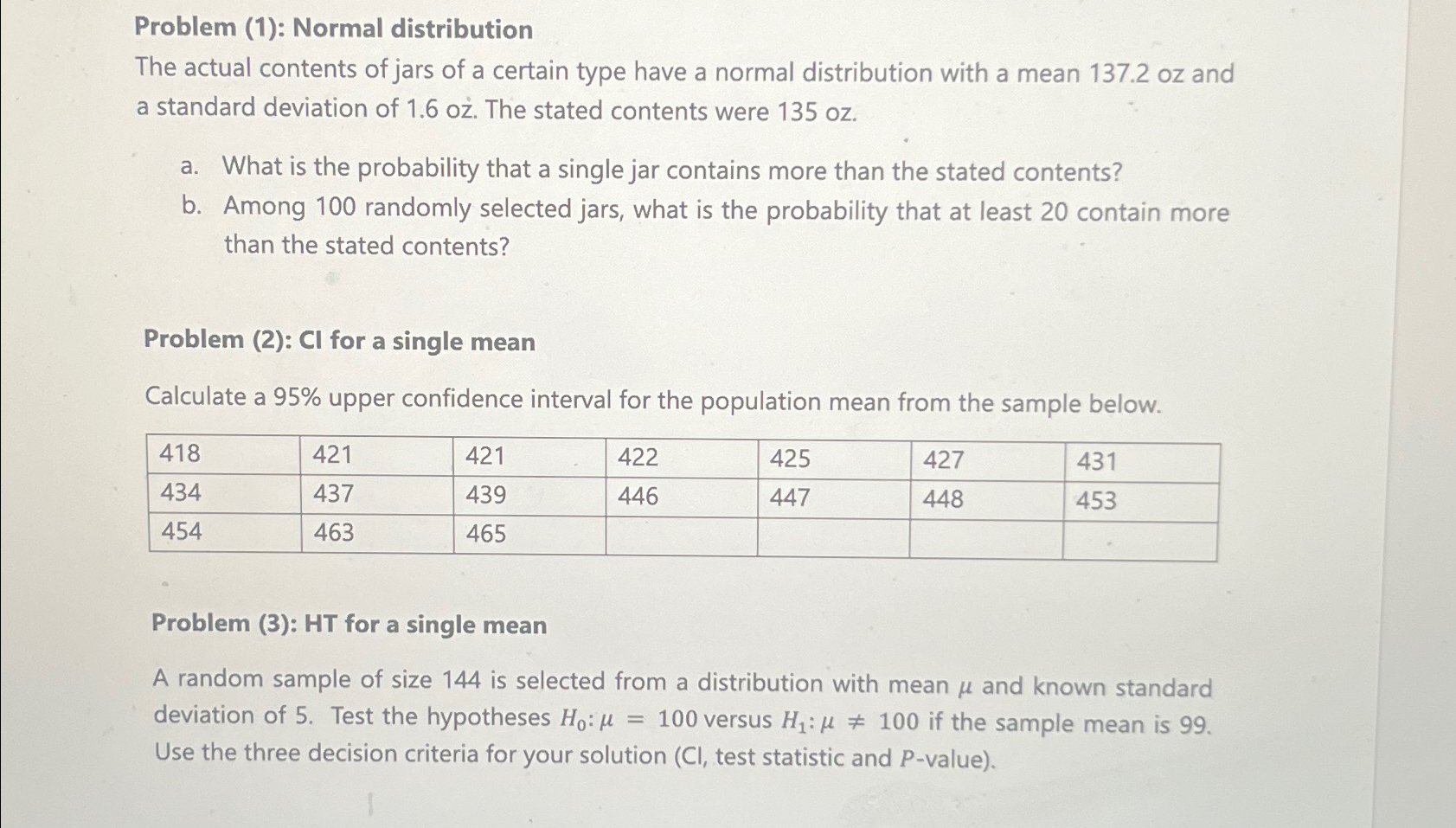 Problem (1): Normal distributionThe actual contents | Chegg.com