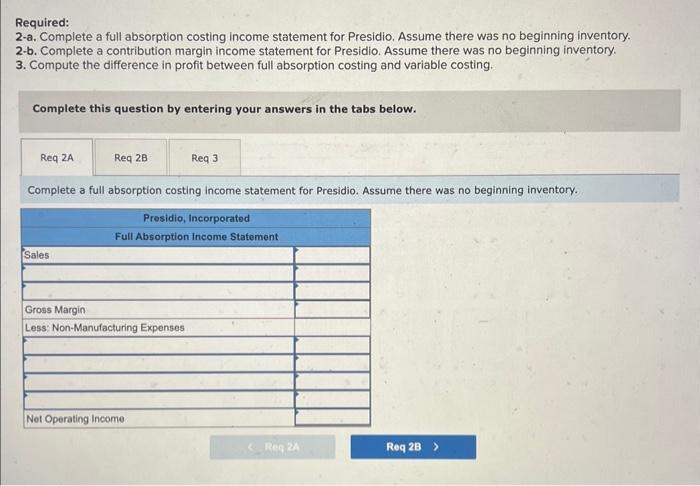 Solved Required: 2-a. Complete a full absorption costing | Chegg.com
