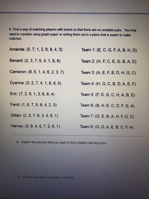 Solved 5. Find a way of matching players with teams so that | Chegg.com