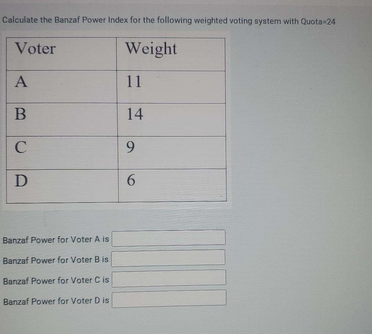 Solved Calculate the Banzaf Power Index for the following | Chegg.com