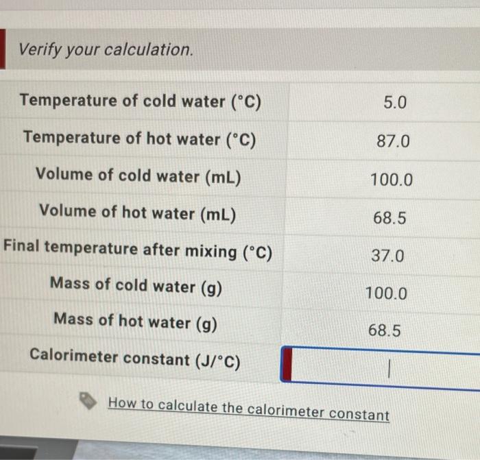 Solved Verify your calculation. Temperature of cold water | Chegg.com