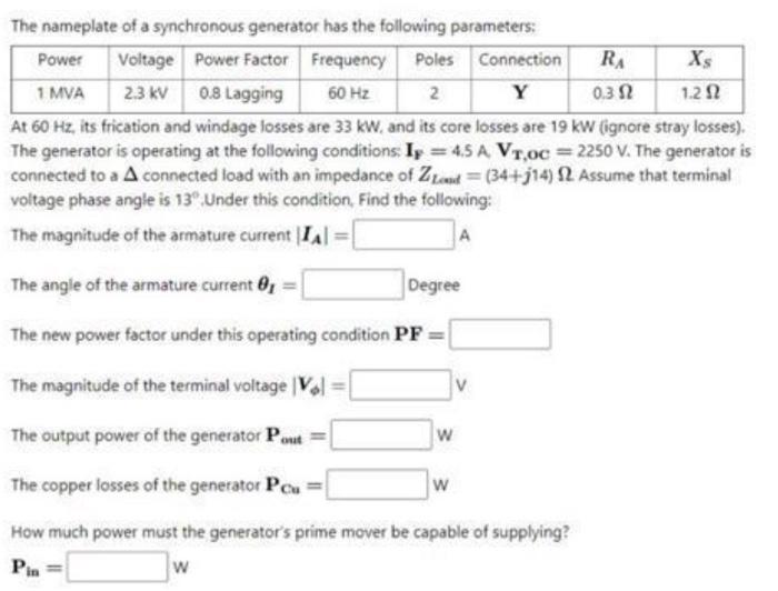 Solved The nameplate of a synchronous generator has the | Chegg.com