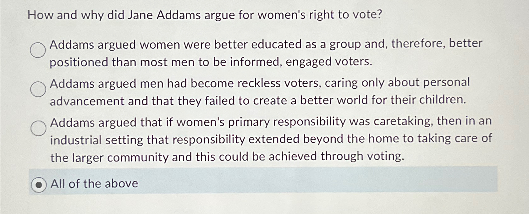 Solved How and why did Jane Addams argue for women's right | Chegg.com