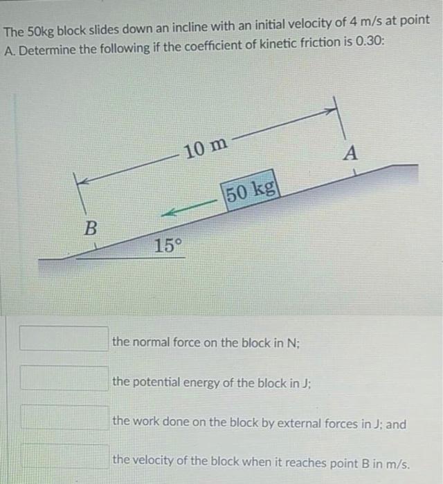 Solved The 50kg block slides down an incline with an initial | Chegg.com