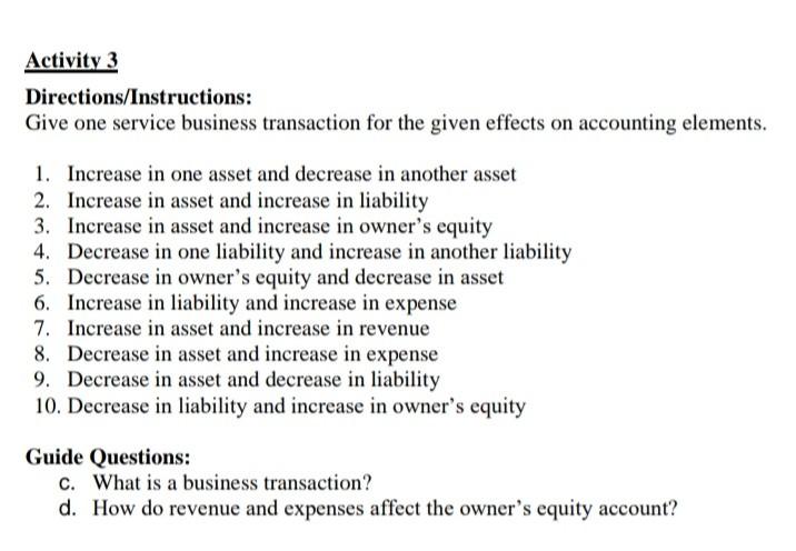 Solved Activity 3 Directions/Instructions: Give one service | Chegg.com