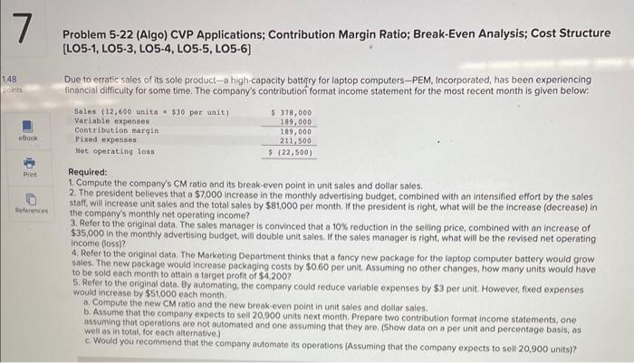 Solved Problem 5-22 (Algo) CVP Applications; Contribution | Chegg.com
