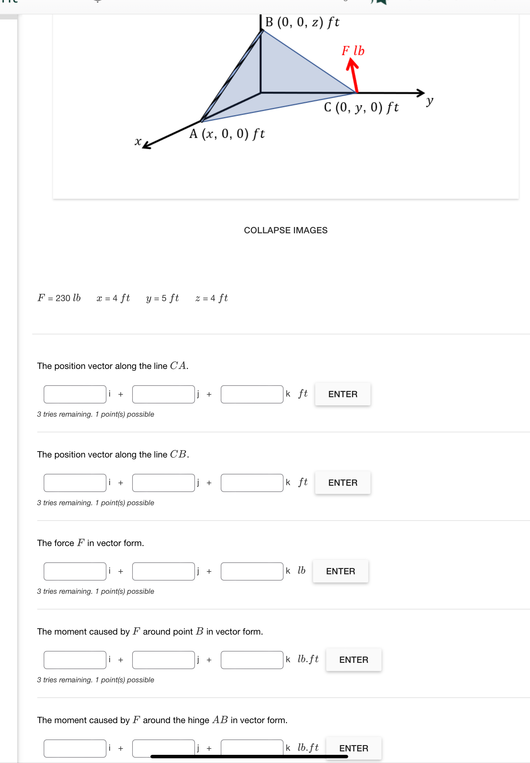 Solved COLLAPSE IMAGESF=230lb,x=4ft,y=5ft,z=4ftThe position | Chegg.com