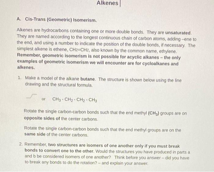Solved A Cis Trans Geometric Isomerism Alkenes Are