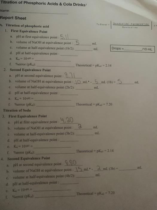 Solved A. Titration of phosphoric acid 1. First Equivalence | Chegg.com