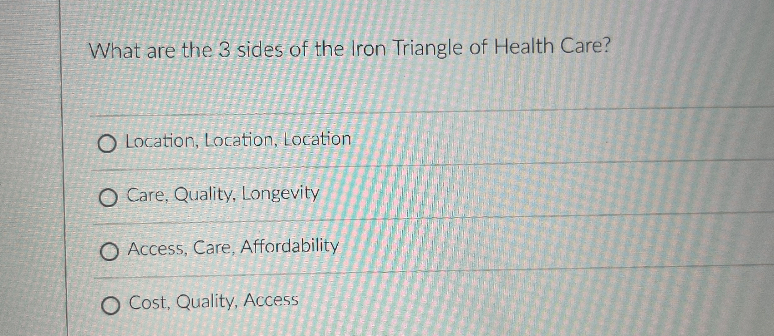 Solved What are the 3 ﻿sides of the Iron Triangle of Health | Chegg.com