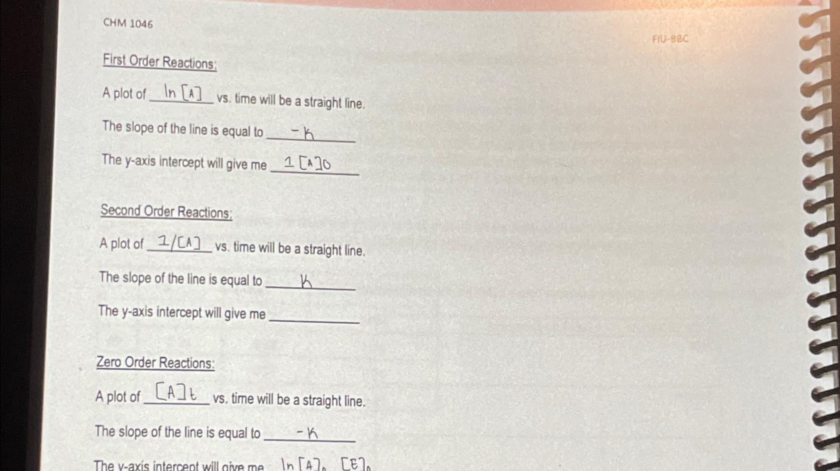 Solved CHM 1046FIU-BECFirst Order Reactions:A plot of vs. | Chegg.com