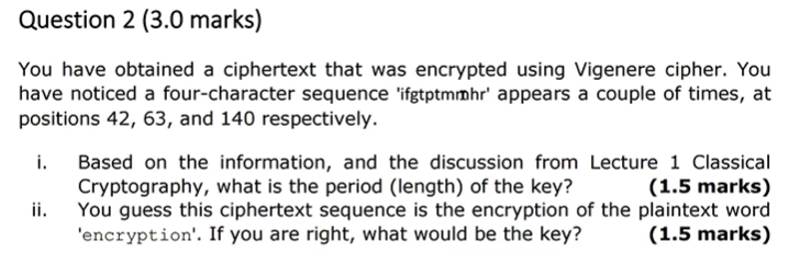 Solved Question 2 (3.0 ﻿marks)You have obtained a ciphertext | Chegg.com