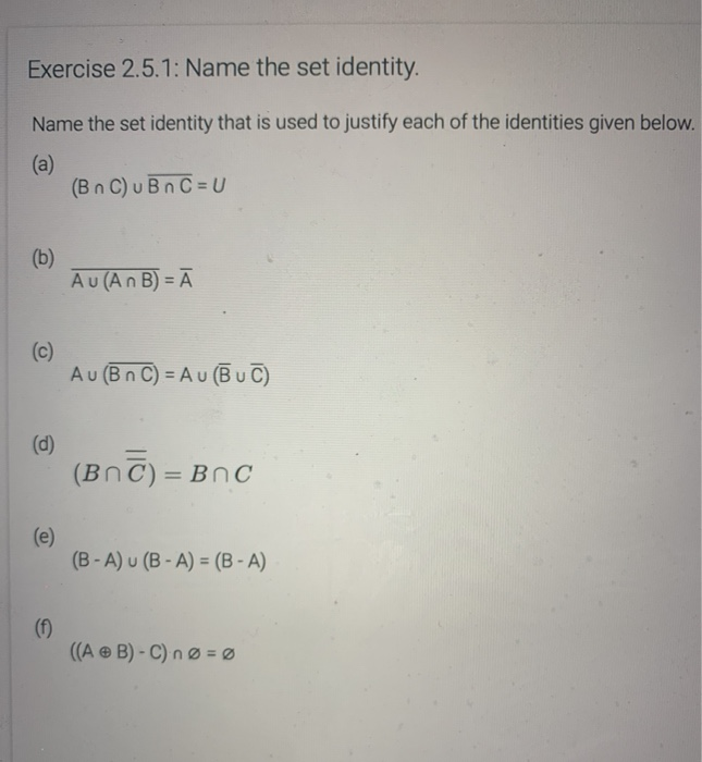 Solved Exercise 2.5.1: Name the set identity. Name the set | Chegg.com