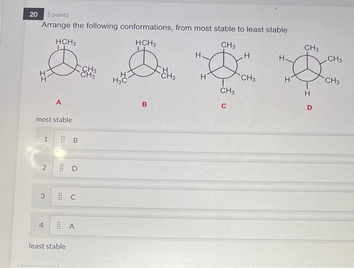 Solved 20 5 points Arrange the following conformations, from | Chegg.com