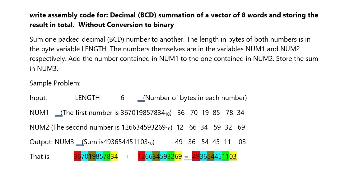 Solved write assembly code for: Decimal (BCD) ﻿summation of | Chegg.com