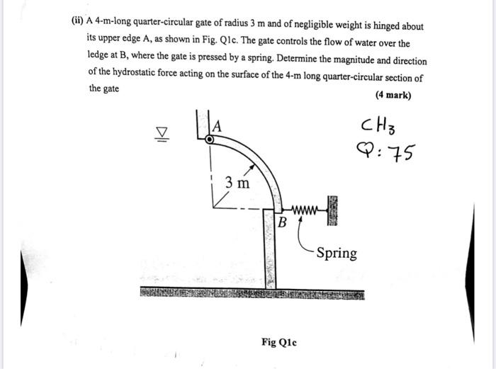 [Solved]: (ii) A 4-m-long quarter-circular gate of radius 3